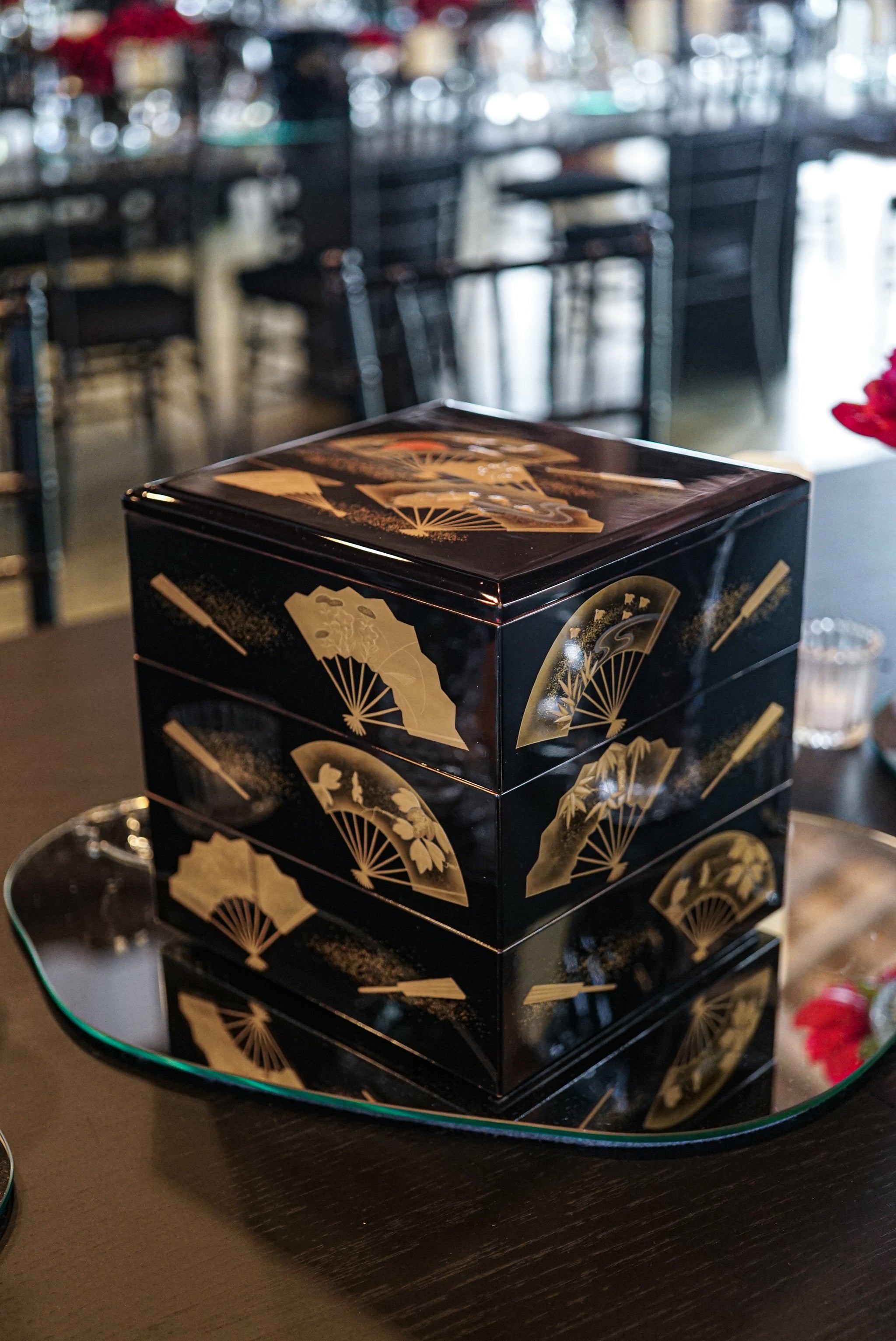 Jubako with Gold Maki-e Fan Motifs